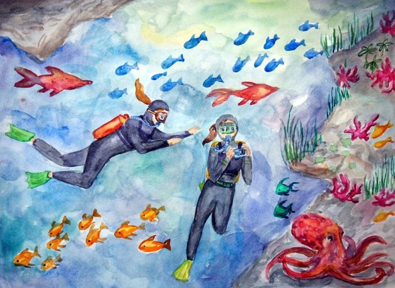 Children's Drawing Diver | 50 Diver art, Drawing for kids