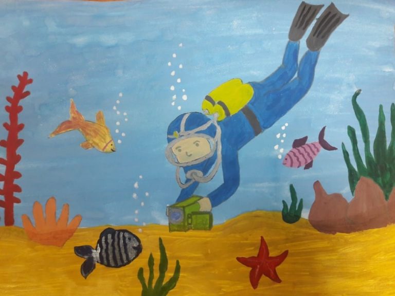 Children's Drawing Diver | 50 Diver art, Drawing for kids